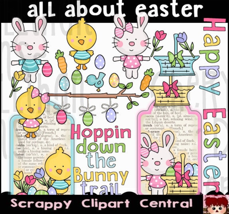 All About Easter Clipart Word-art Bunnies Chicks Colored - Etsy