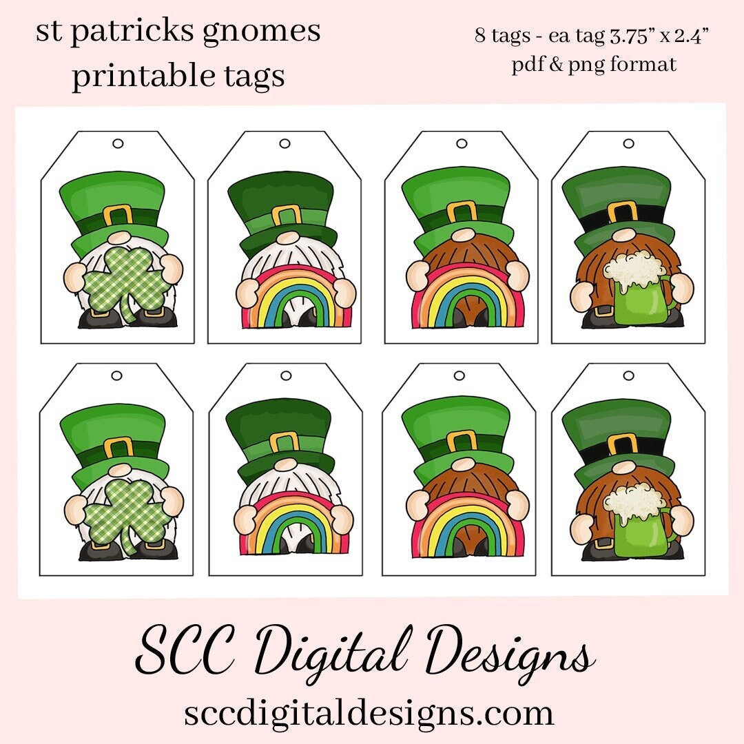 St Patrick's Gnome Printable Tags 8 Tags With 4 Images - Etsy