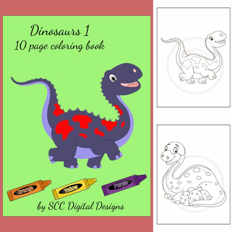 Dinosaurs Printable Coloring Book, 10 Pages Plus Cover Page ...