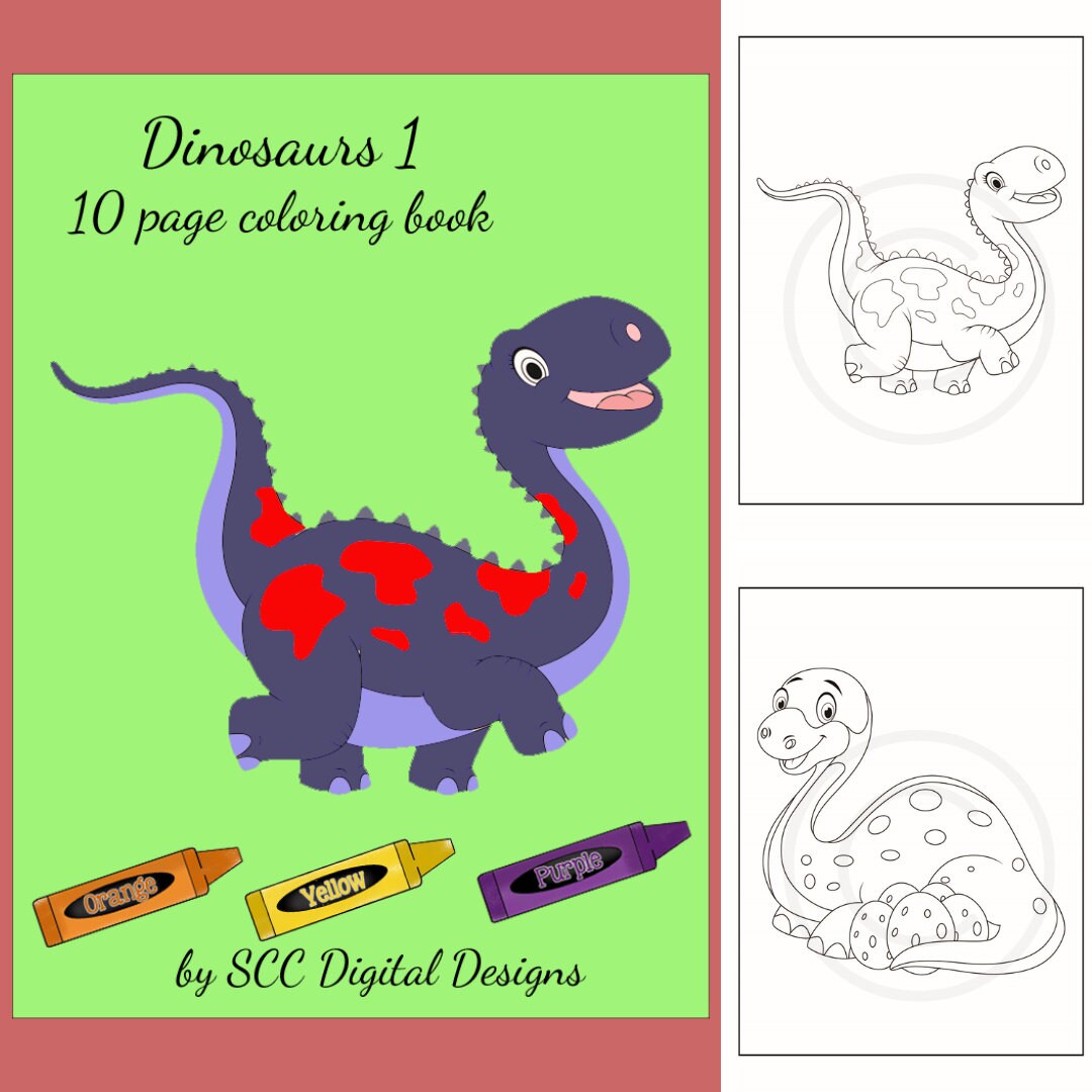 Dinosaurs Printable Coloring Book, 10 Pages Plus Cover Page ...