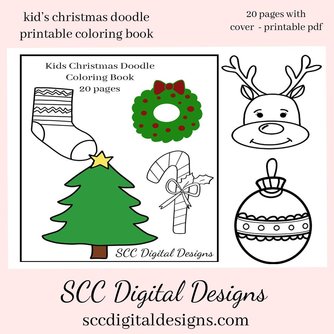 Christmas Doodle Kids Printable Coloring Book, Reindeer, Stocking, Xmas ...