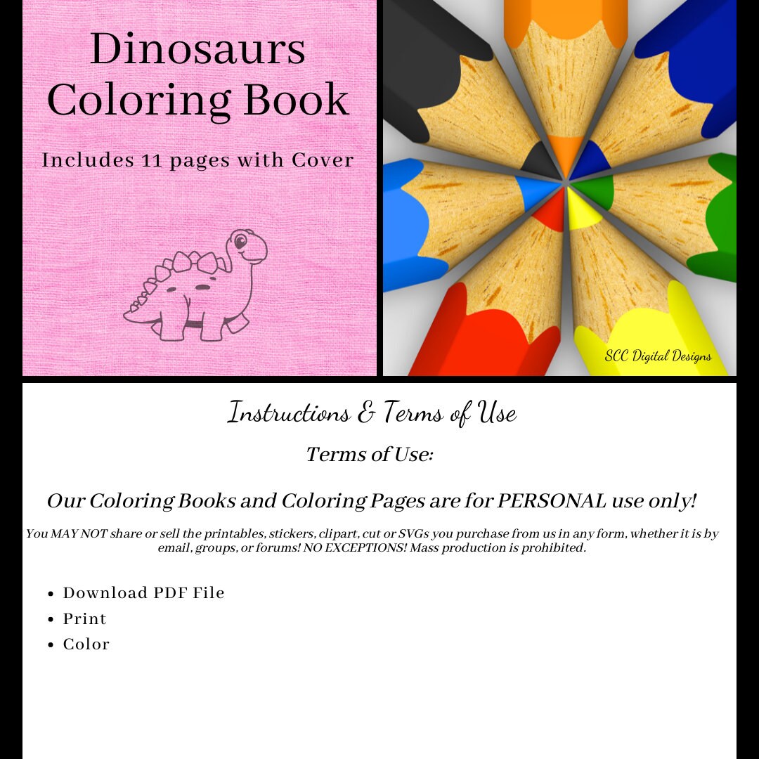 Dinosaurs Printable Coloring Book, 10 Pages Plus Cover Page ...