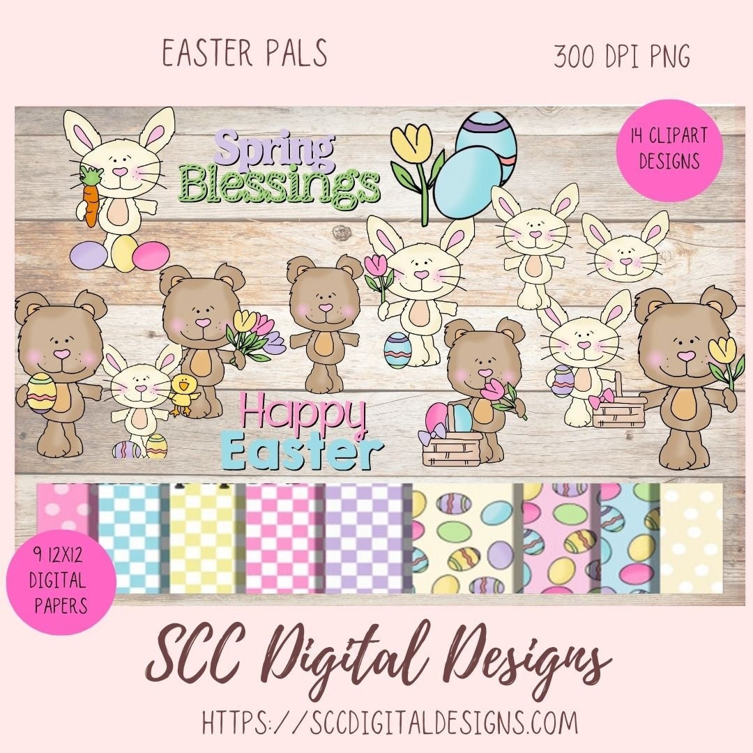 Easter Pals Digital Clipart & Digi Stamps, Bunny, Whimsical Bear ...