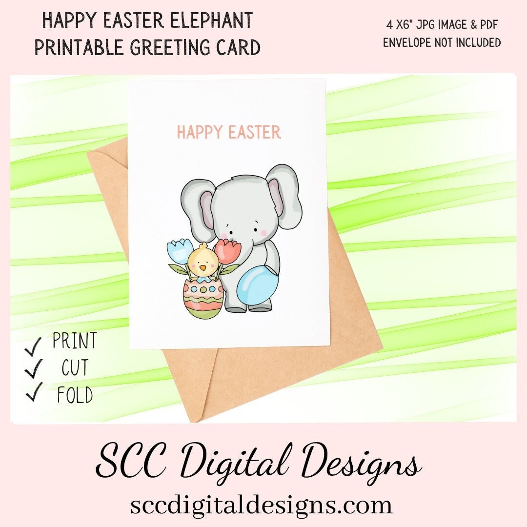 Printable Easter Card, Happy Easter, Whimsical Art, Little Elephant ...