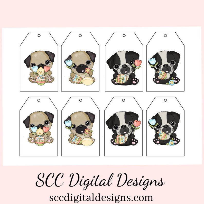 Pug Dog, DIY Easter Cards, Print at Home Gift Tag, Easter Gift Tags for ...