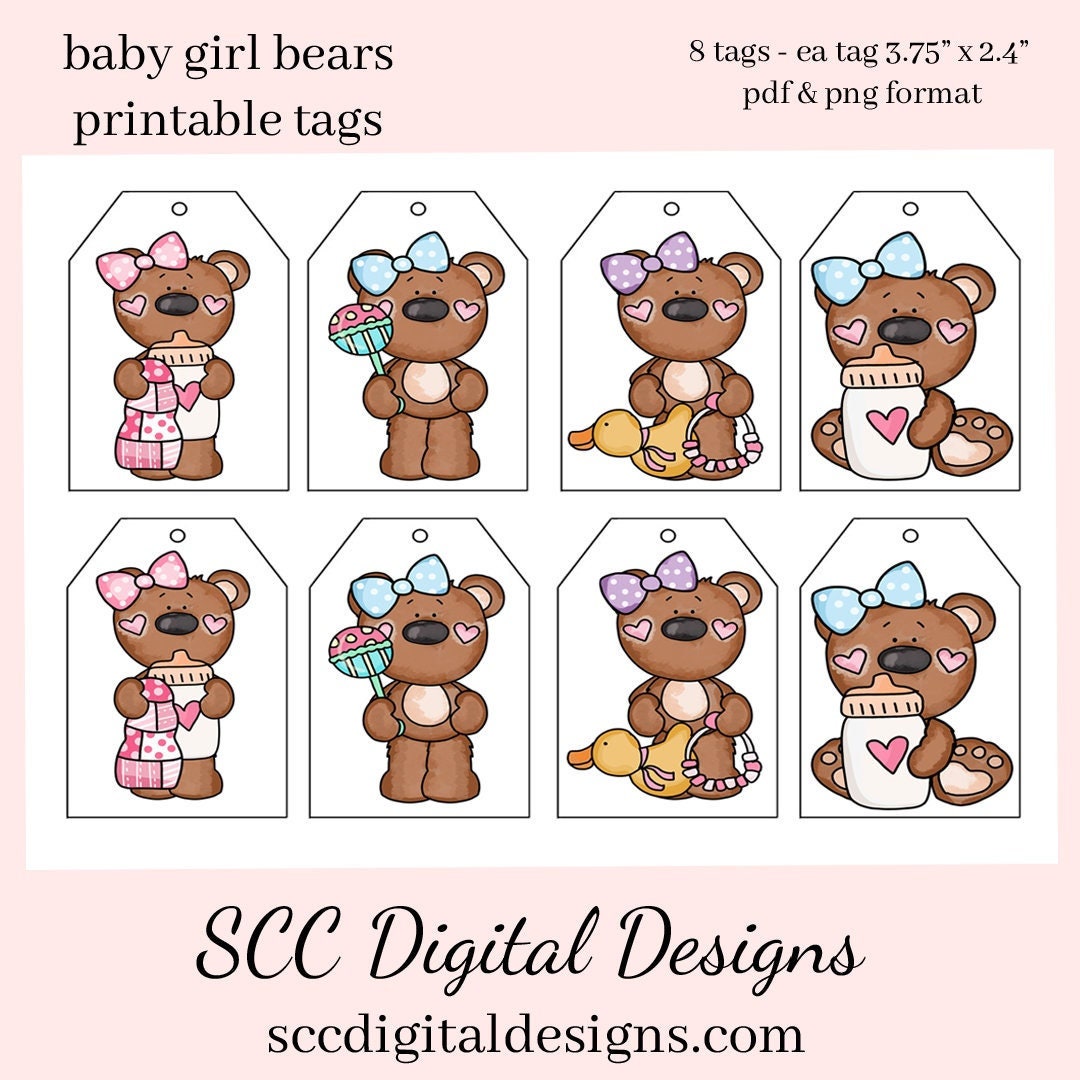 Baby Girl Bear Printable Gift Tags 8 Tags With 4 Images Whimsical Bears ...