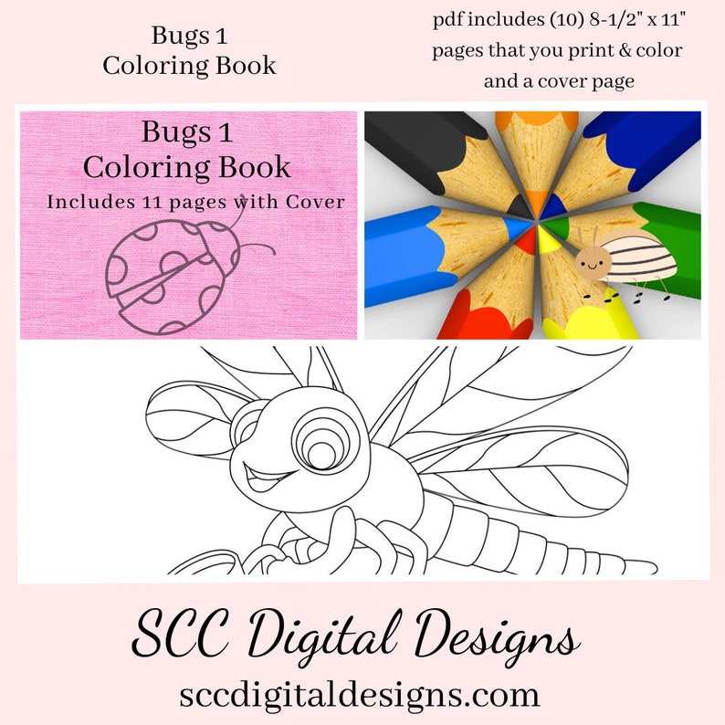 Bugs 1 Printable Coloring Book, 10 Pages Plus Cover Page, Dragonfly ...