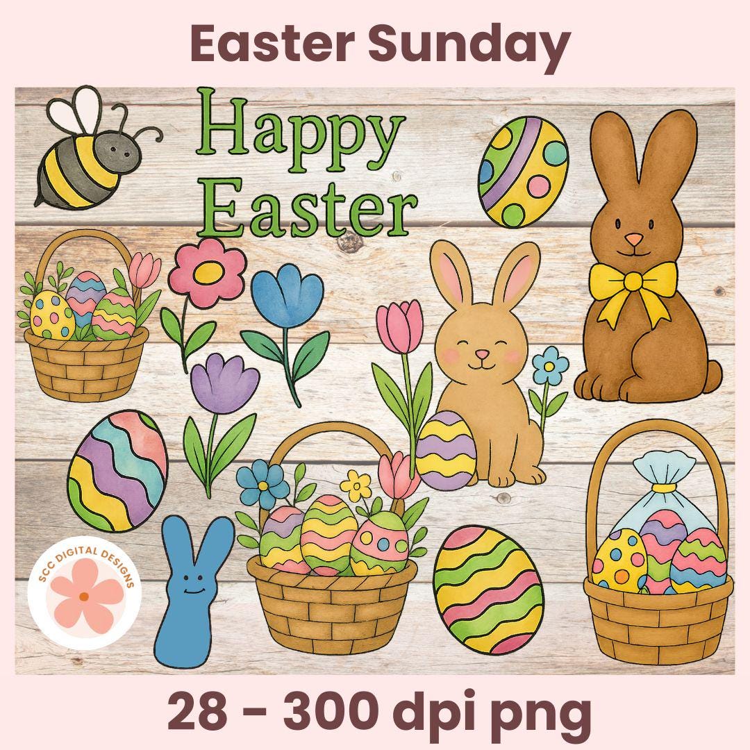 Easter Clipart, Bunnies, Baskets, Colored Eggs Bundle, Spring Holiday ...