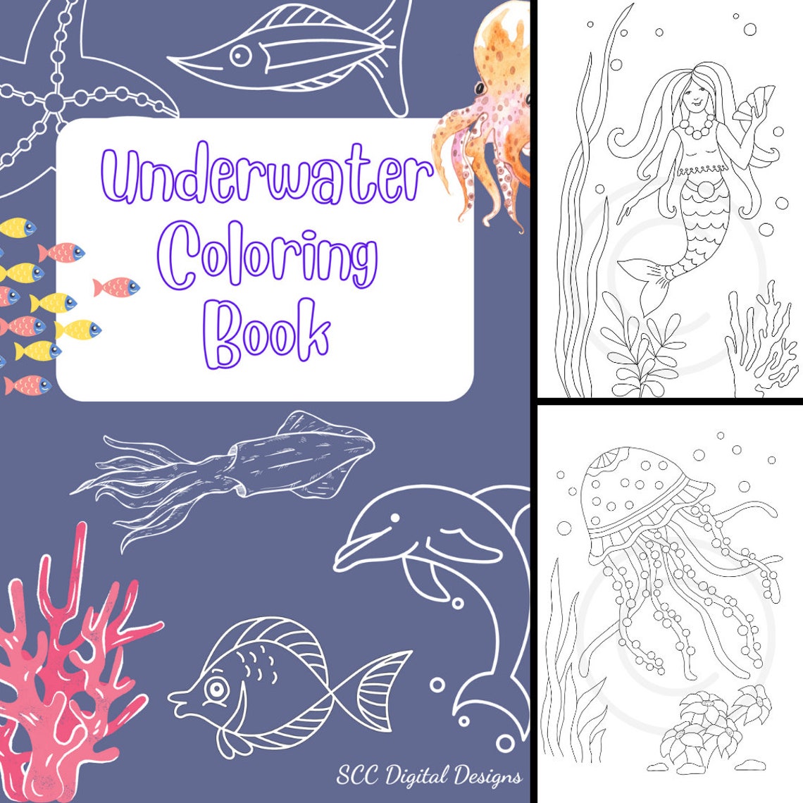 Underwater 13 Page Printable Coloring Book Fish Mermaid - Etsy