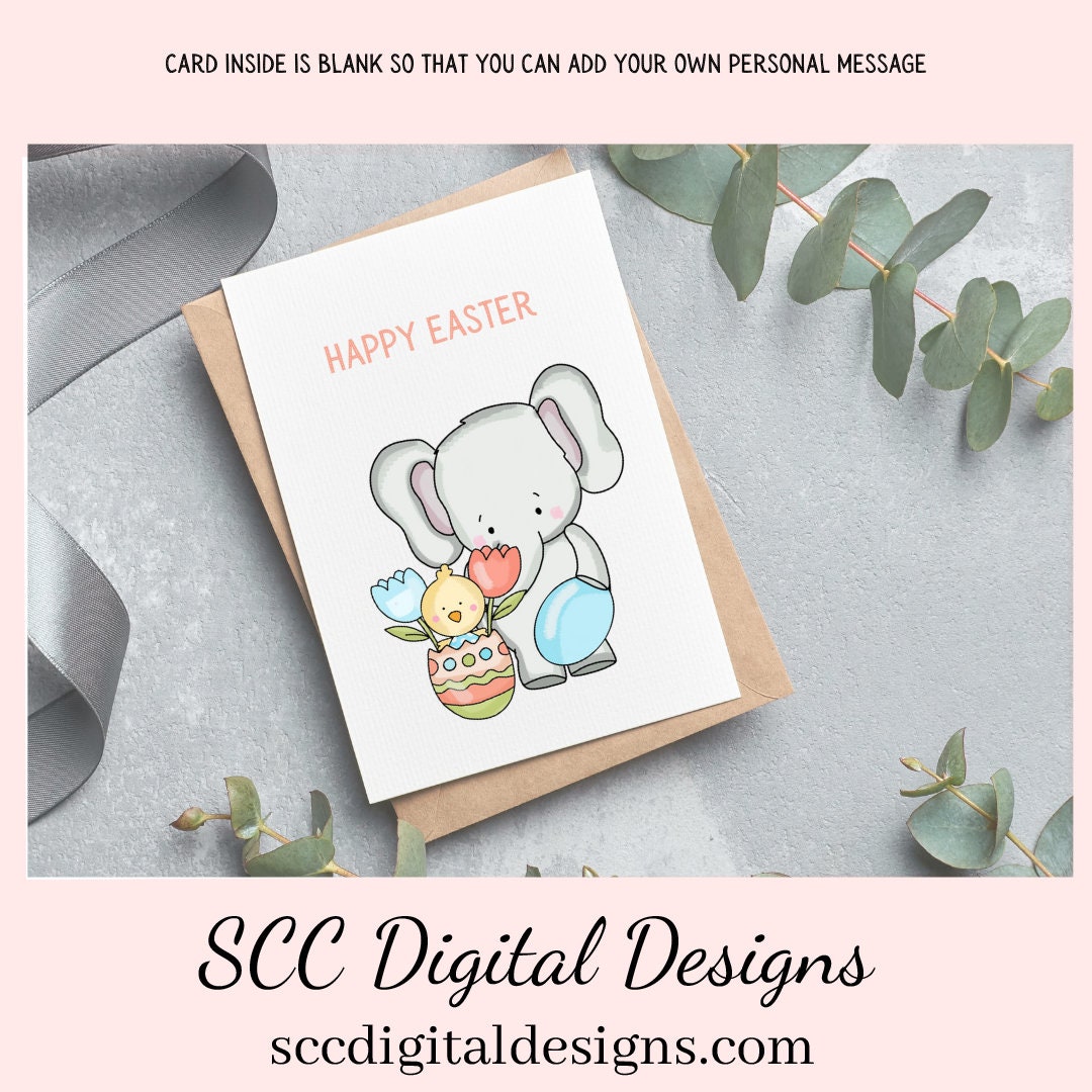 Printable Easter Card, Happy Easter, Whimsical Art, Little Elephant ...