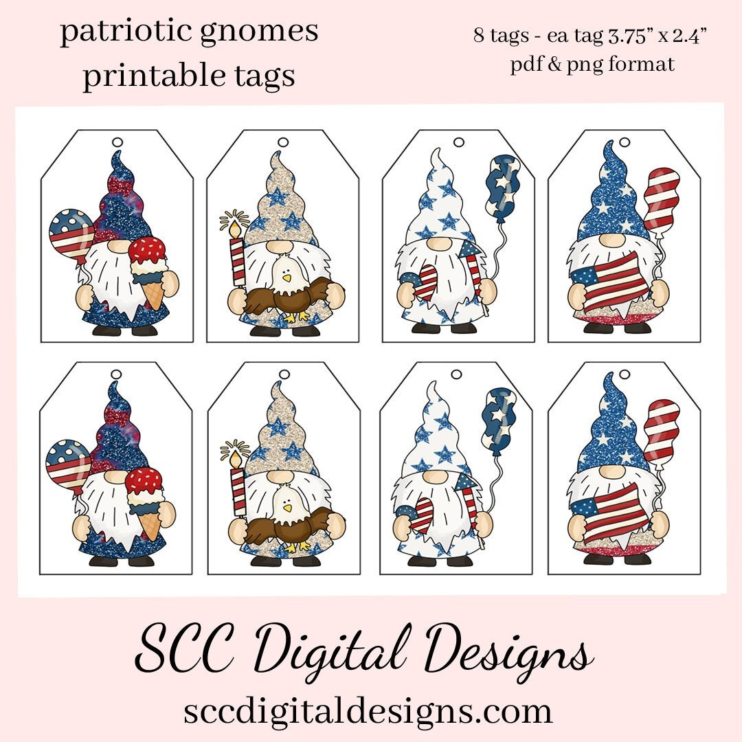 Patriotic Gnomes Printable Tags 8 Tags With 4 Images Instant Download ...