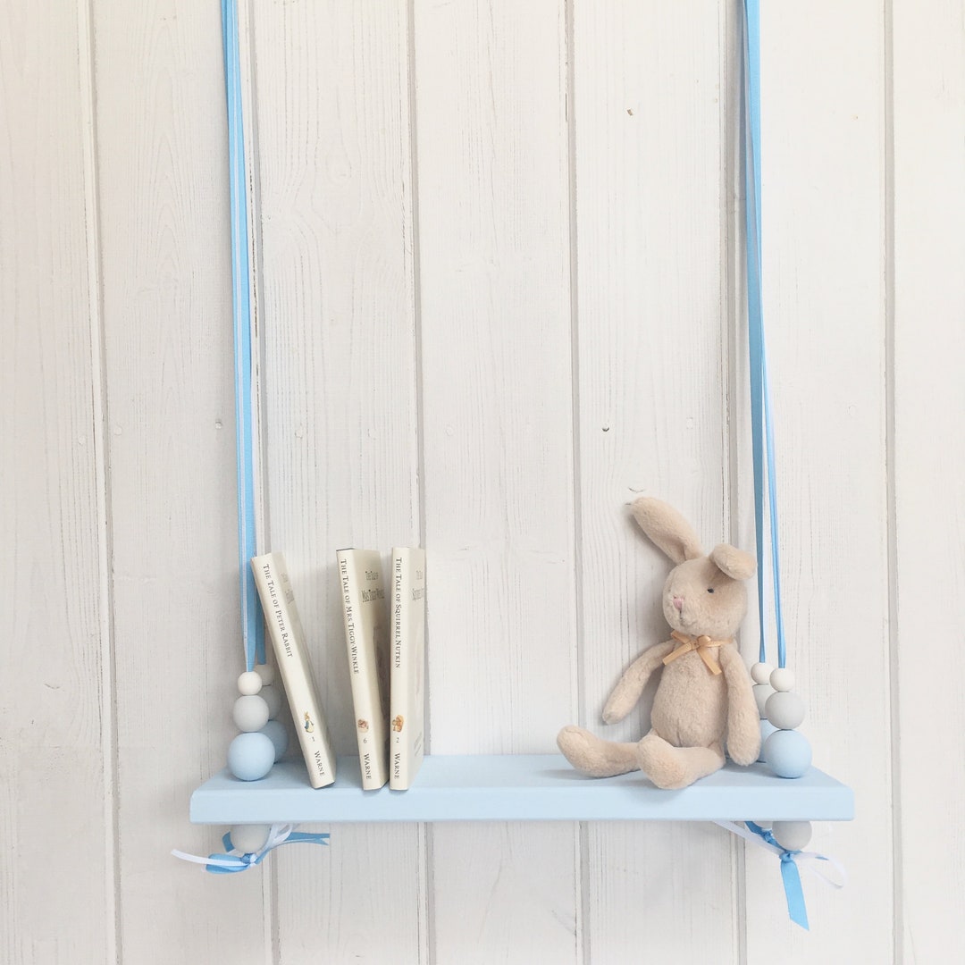 Wooden Swing Shelf Blue Painted Shelf Nordic Style Shelf Hanging Bead ...