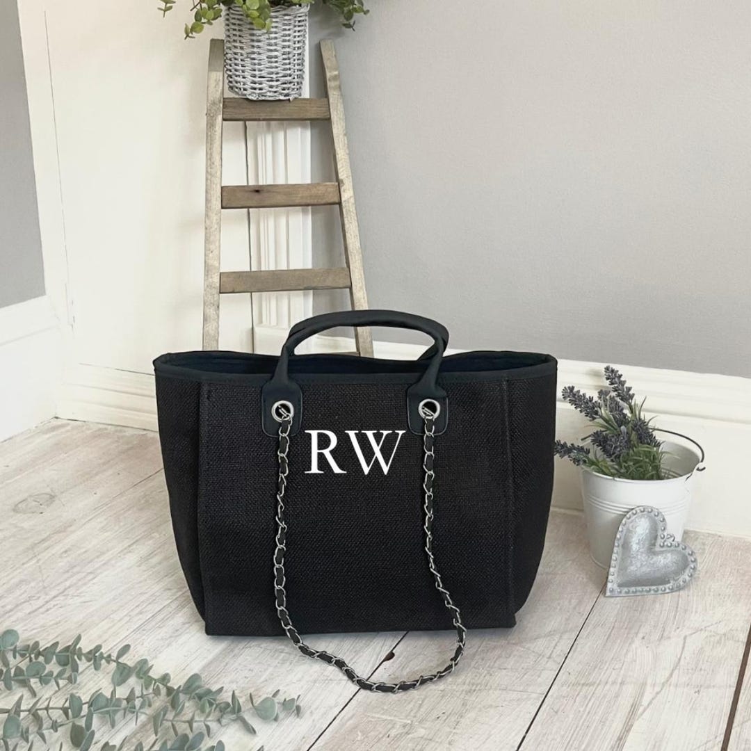 Monogram Canvas Tote Bag With Chain Bag Monogramed With Initials ...