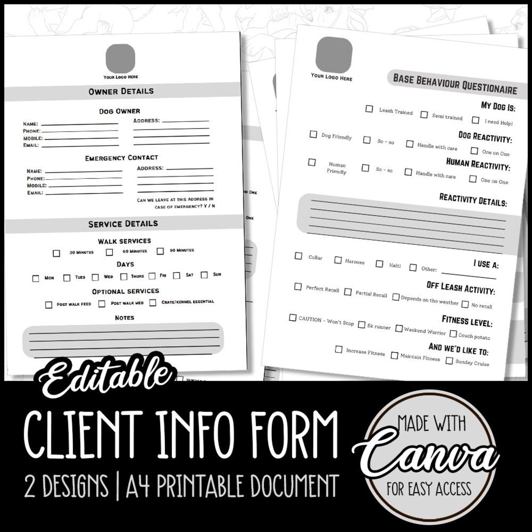 Dog Business Client Info Form Printable in Minimalist Greyscale Editable Canva Template, Small ...