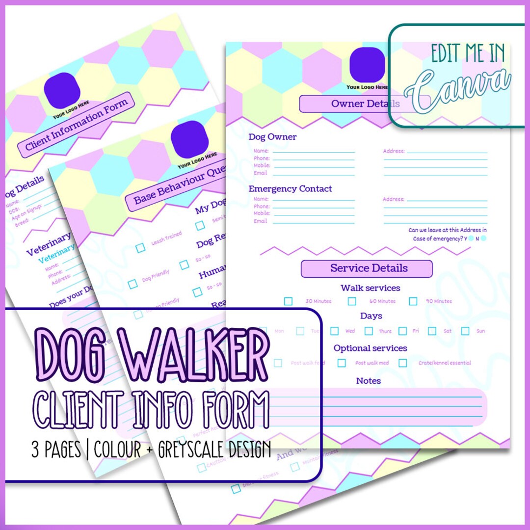 Dog Walker Small Business Forms Editable Template, Client Info Form ...