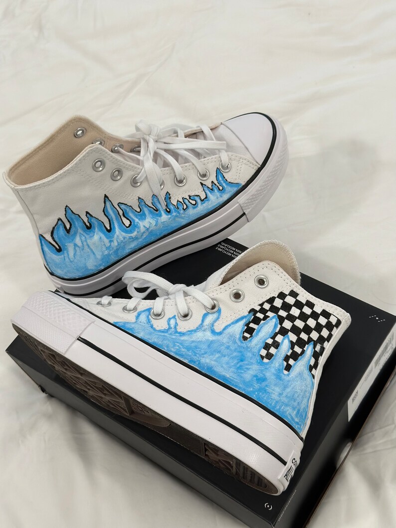 Custom High Top Platform Sneakers Flame and Checker Custom Artwork ...