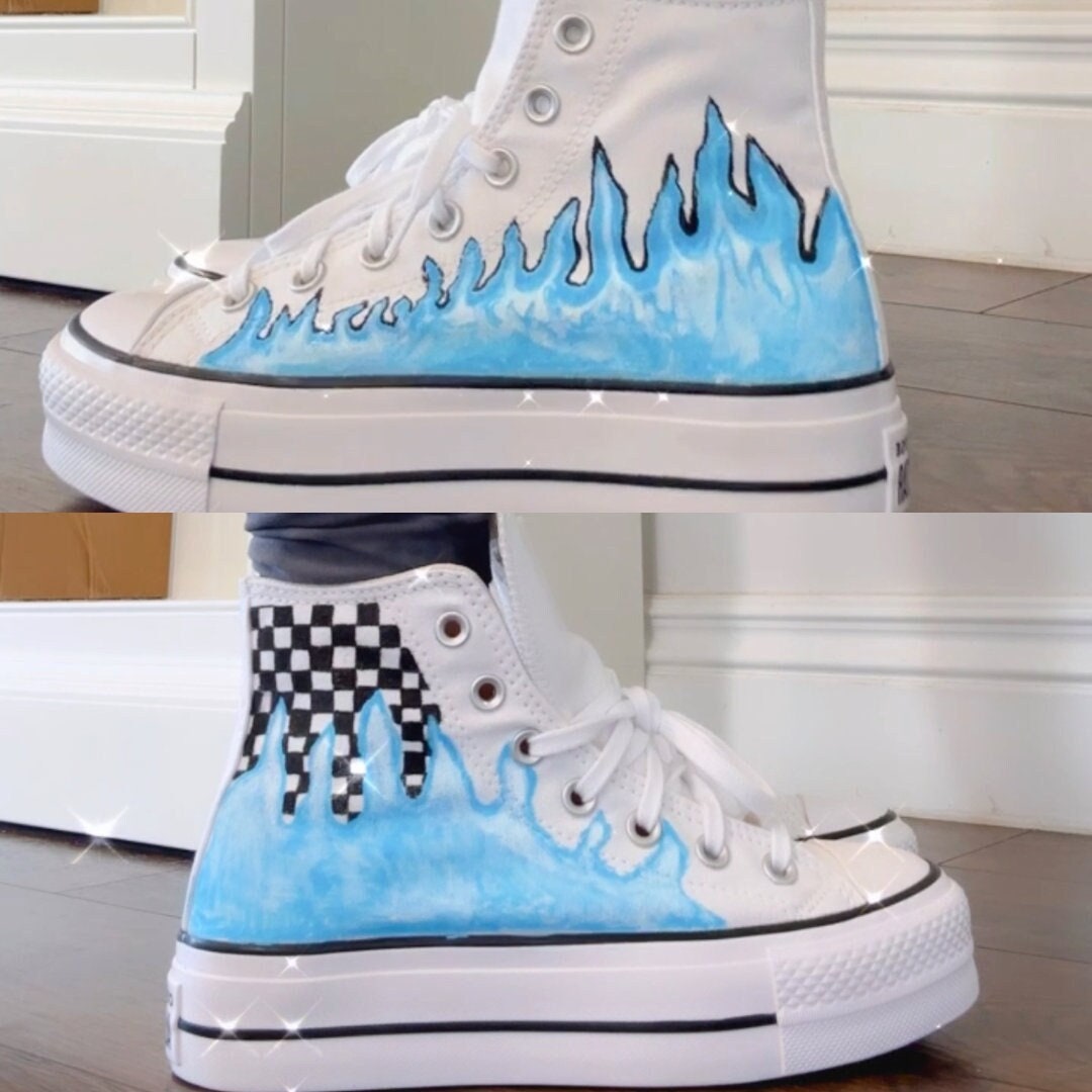 Custom High Top Platform Sneakers Flame and Checker Custom Artwork ...