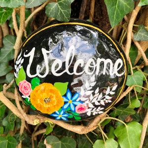 Boho Hello Welcome Floral and Foliage Colorful Hand Painted Rock Sealed ...