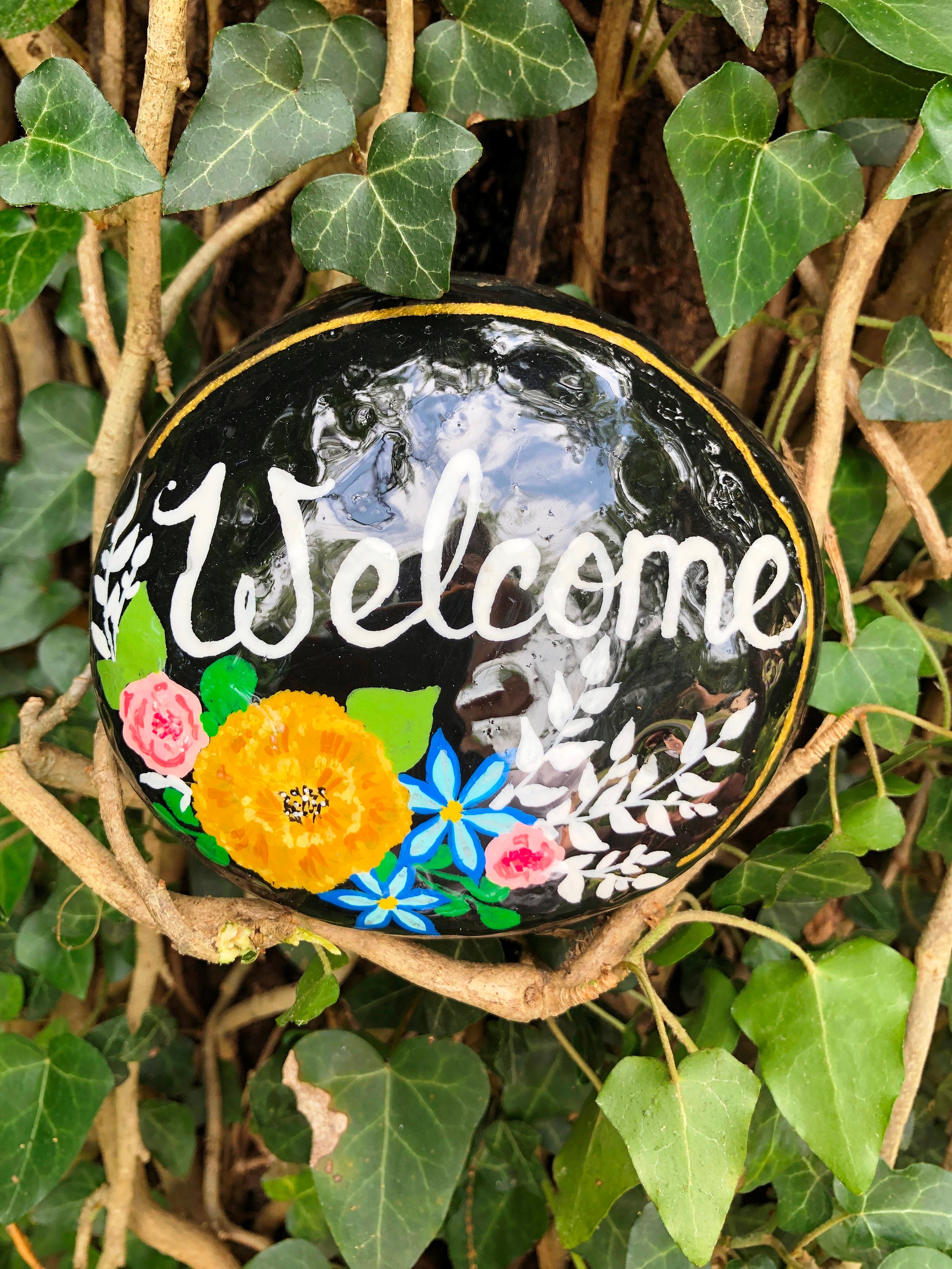 Boho Hello Welcome floral and foliage colorful hand painted | Etsy