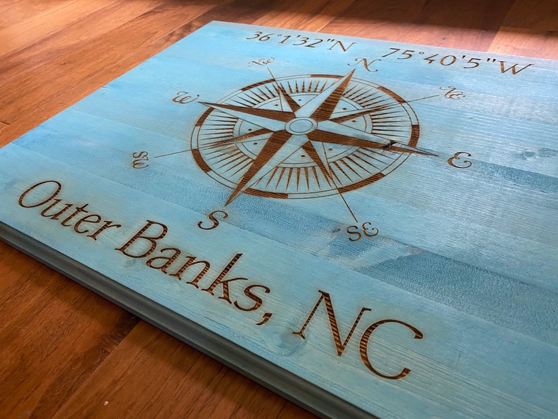 Custom Latitude Longitude Coordinates Compass Rose Laser Engraved Wood ...