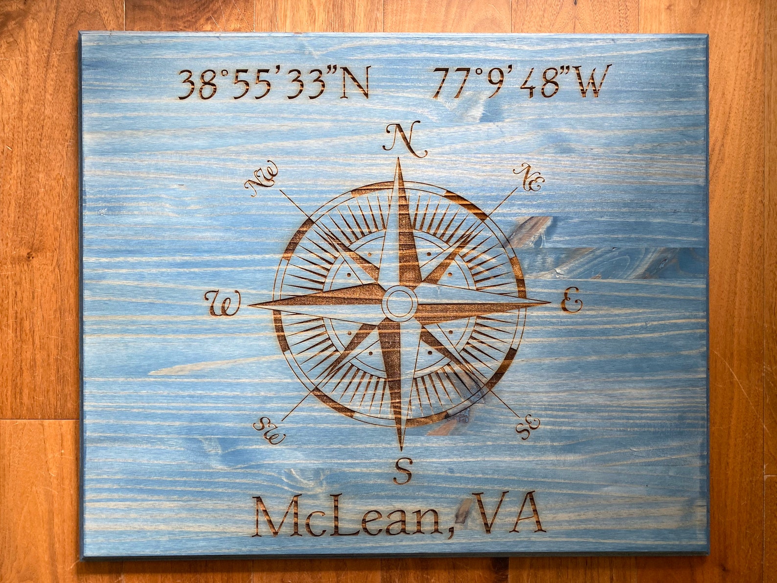 Custom Latitude Longitude Coordinates Compass Rose Laser Engraved Wood ...