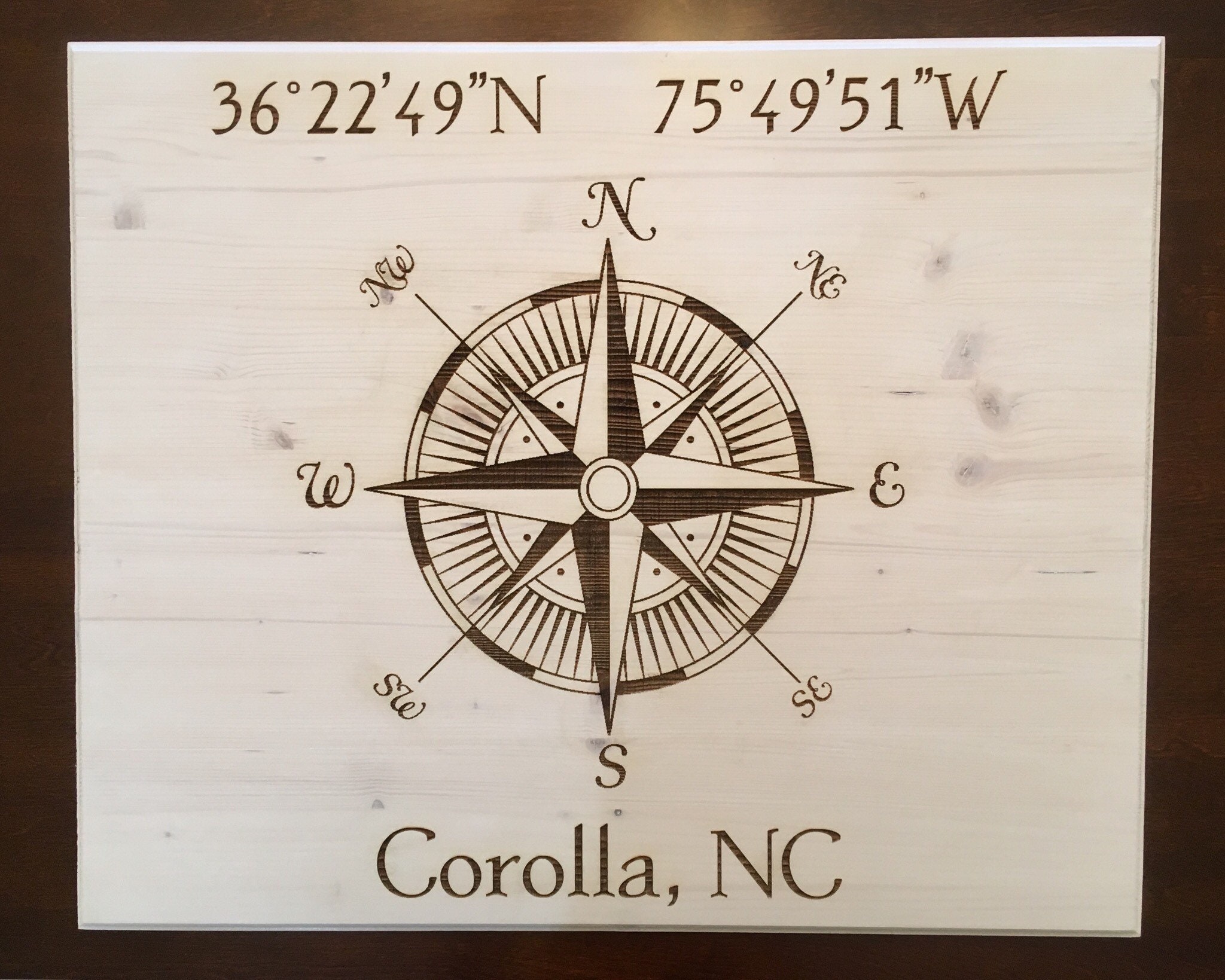Custom Latitude Longitude Coordinates Compass Rose Laser Engraved Wood ...