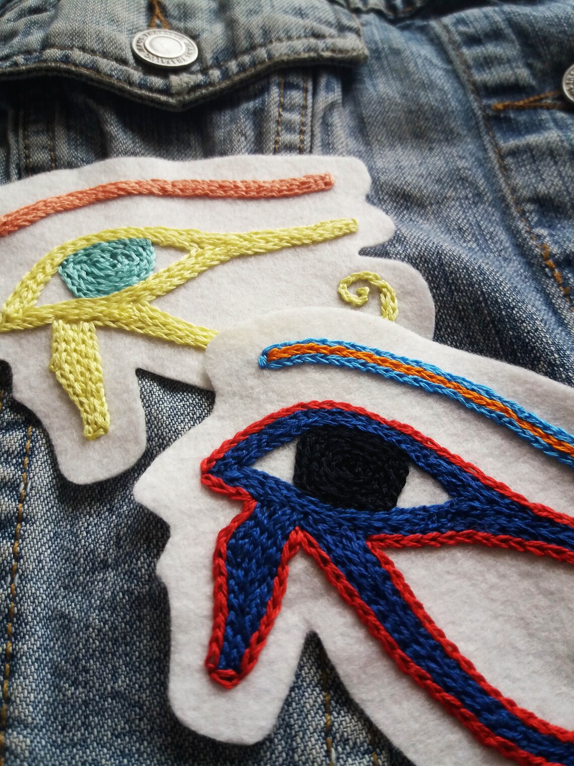 Hand Embroidered Eye of Horus Blue and Yellow Pastel Variations ...
