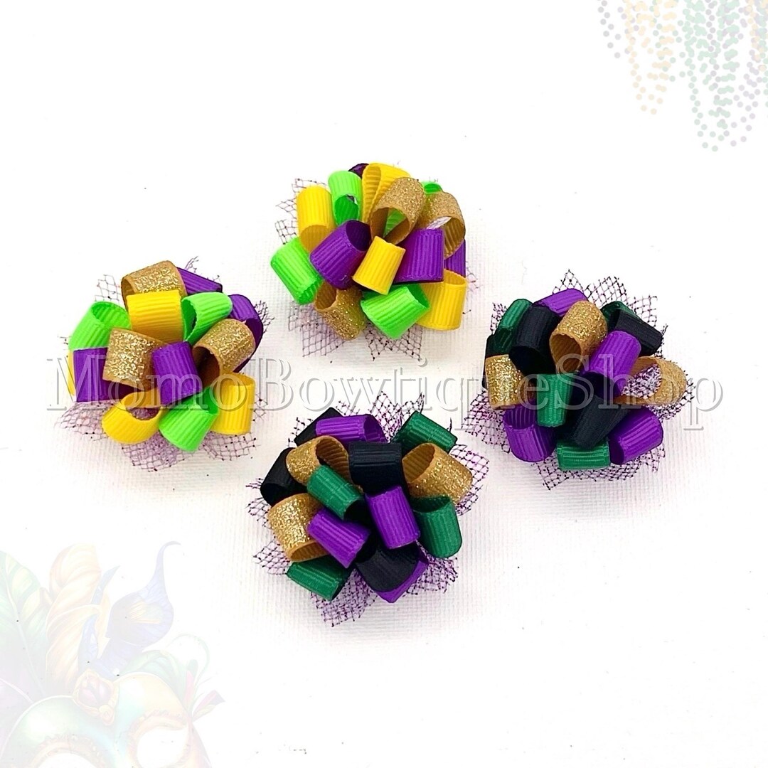 Loopy Pom Pom Mardi Gras Bow Set (pigtail/petite) - Purle, Green, and ...