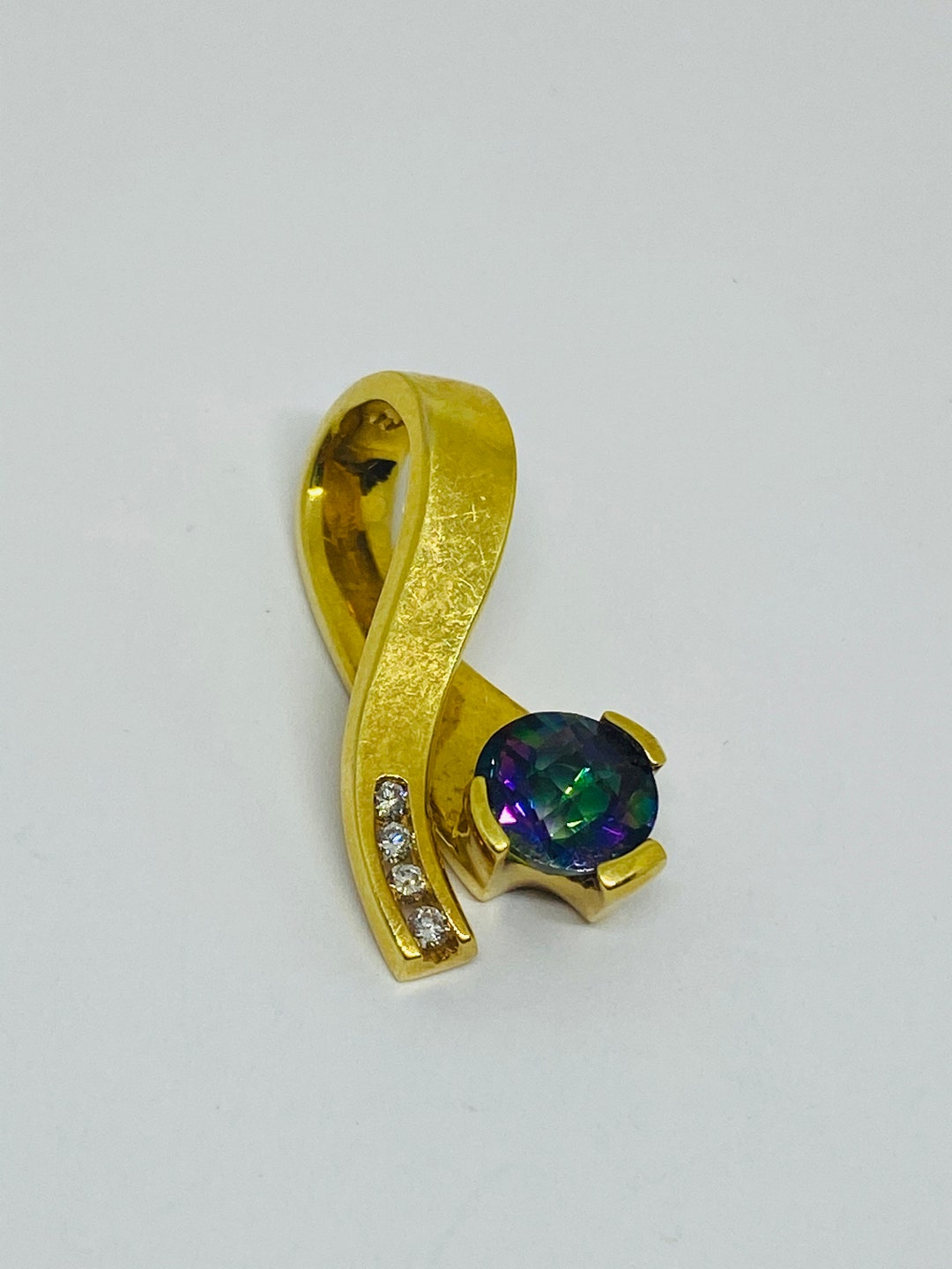 14K Yellow Gold + Multi-colored (purple/green) Stone + Diamond Pendant ...