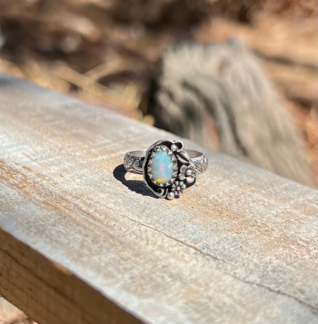 925 & Fine Silver Rose Cut Ethiopian Opal Flower Floral Ring Size 6 SH6 ...