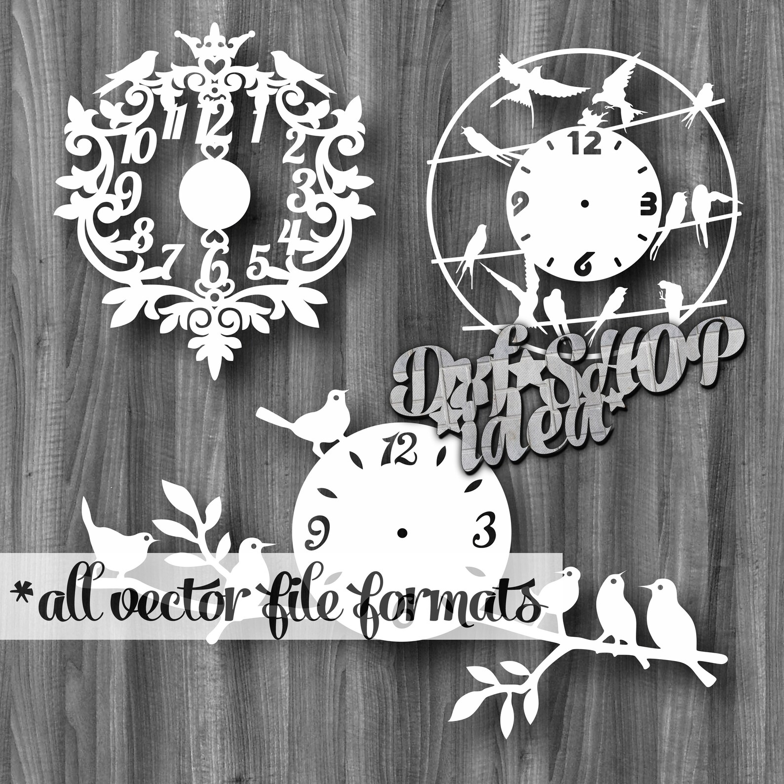Vectors File 3 Pattern Set Clock Plans Watches Bird Decor | Etsy