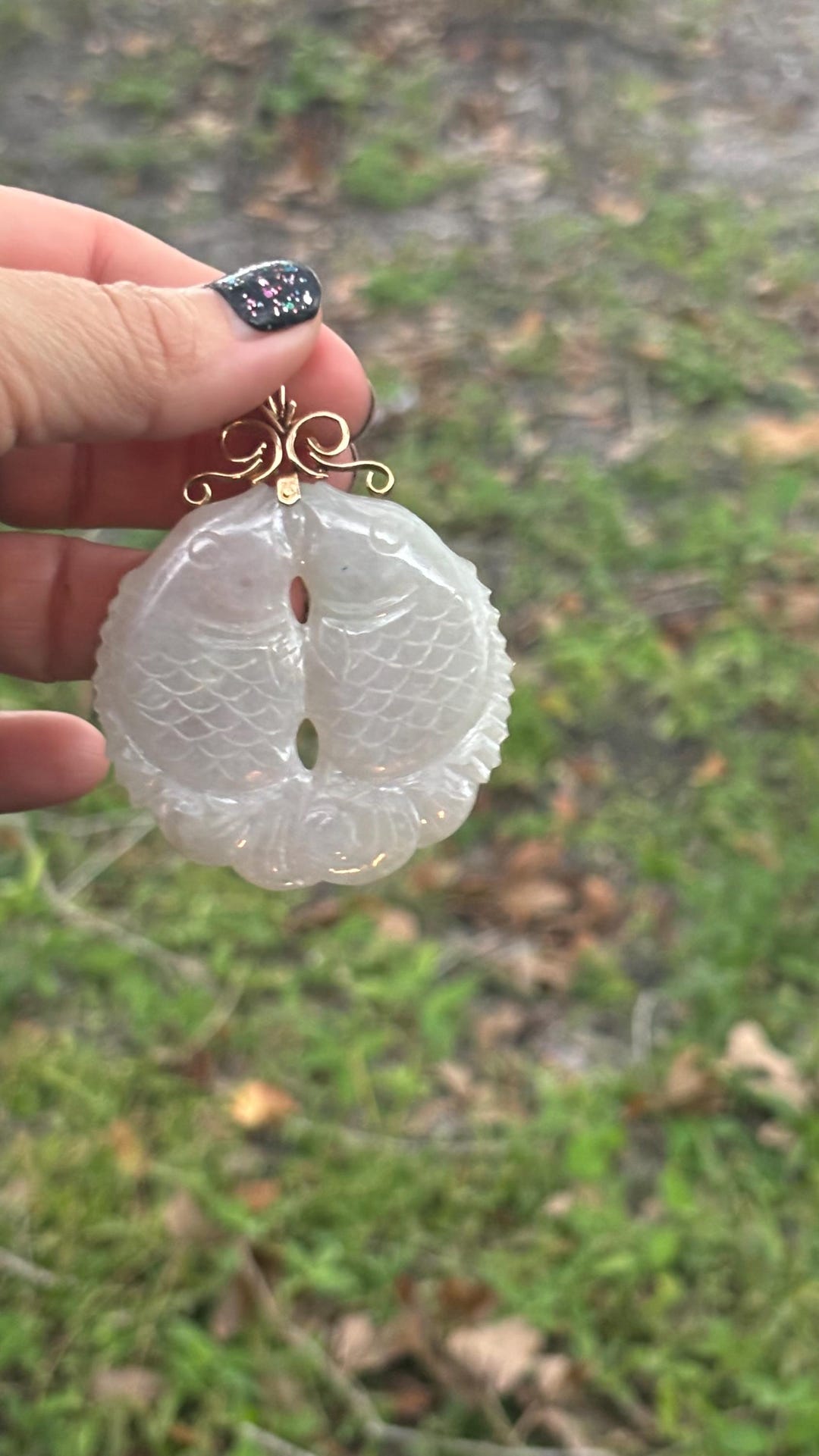 Estate Sale: Hand Carved and Polished Jade Double Fish Pendant, Natural ...