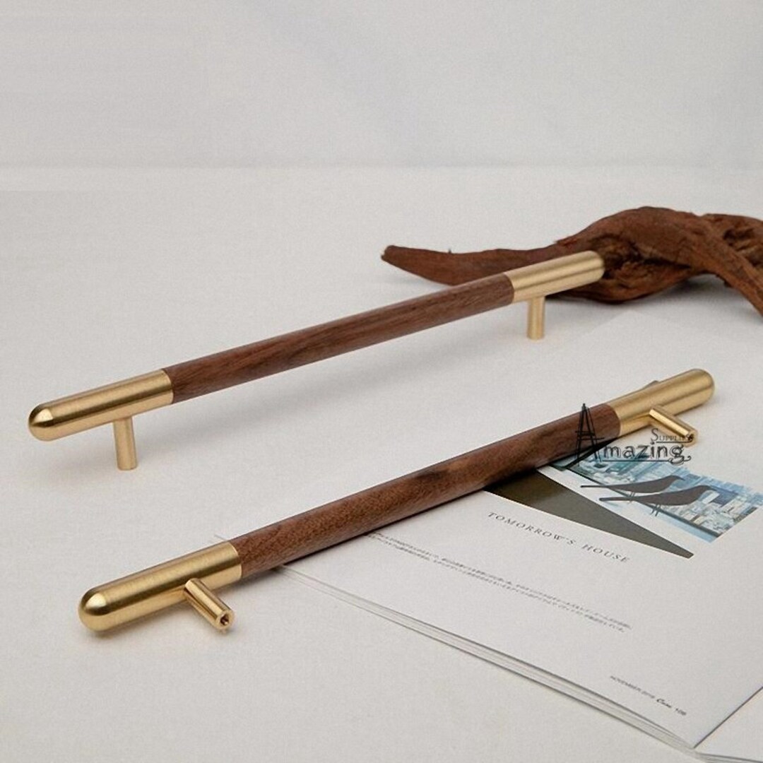 Brass Walnut Wood Handles Pulls Knobs Drawer Dresser Pulls Long Handles ...