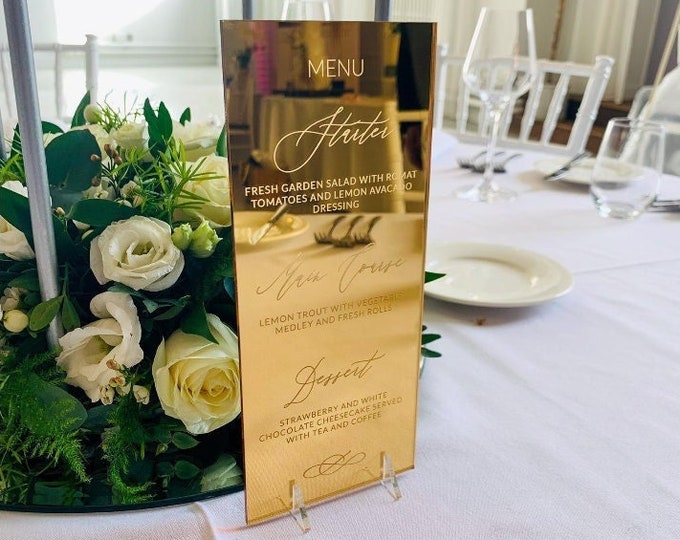 Engraved Mirror Menu, Luxury Wedding Décor, Silver, Gold, Rose Gold ...