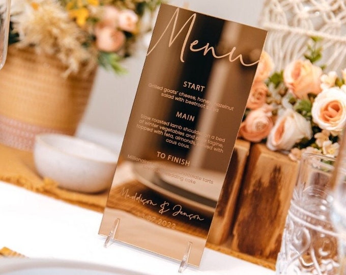 Engraved Mirror Menu, Luxury Wedding Décor, Silver, Gold, Rose Gold ...