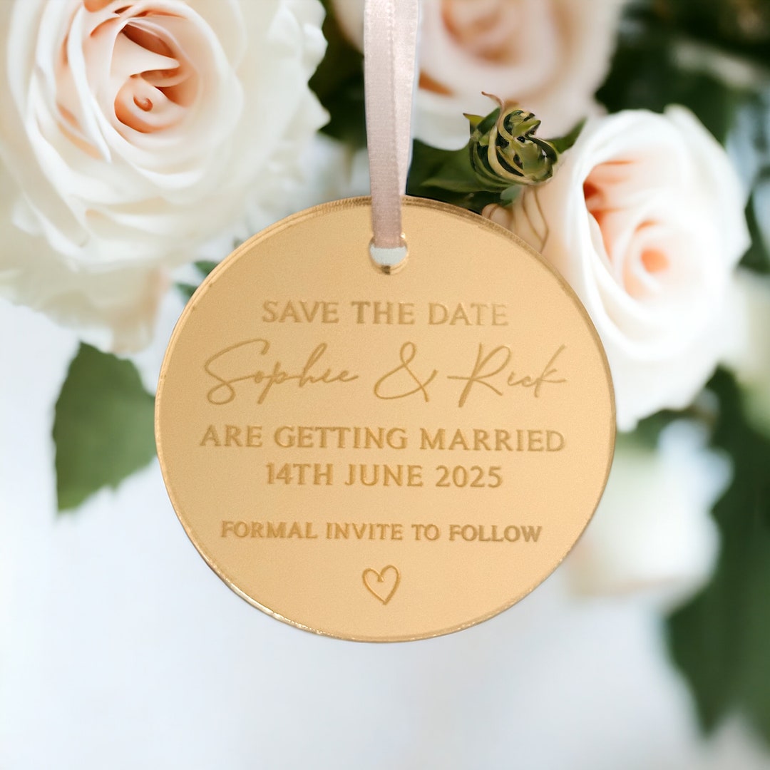 Save the Date Rose Gold Mirror Wedding Hanging Tag, Personalised Save ...