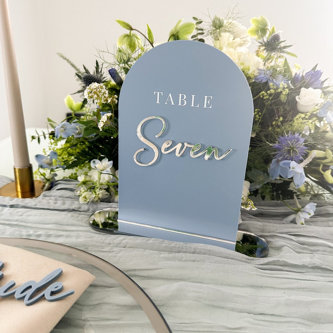 Dusky Blue Wedding Table Numbers With Mirror Accents, Dome Top 3D ...