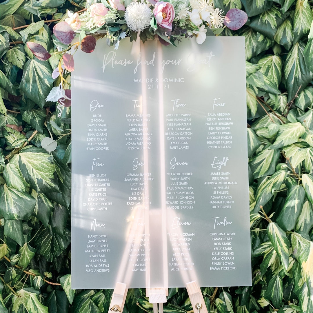 Frosted Acrylic Table Plan, Engraved Table Plan, Seating Chart, A0, A1 ...