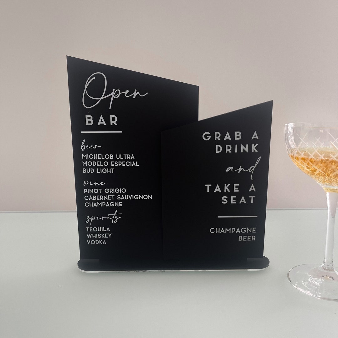 Open Bar Wedding Personalised Sign, Drinks Menu, Monochrome Combined ...