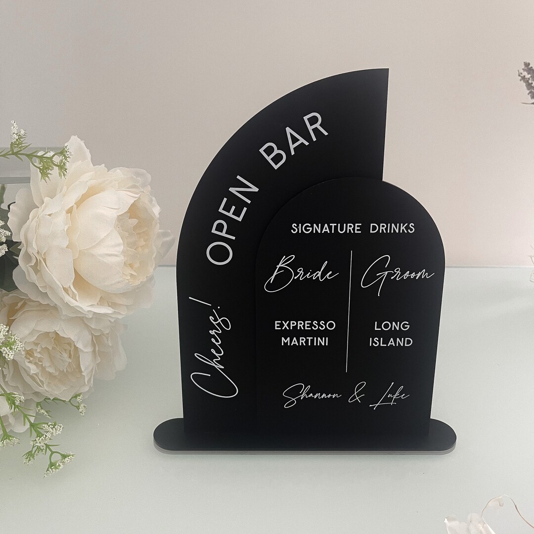 Open Bar Monochrome Wedding Personalised Sign, Cocktail Menu, Drinks ...