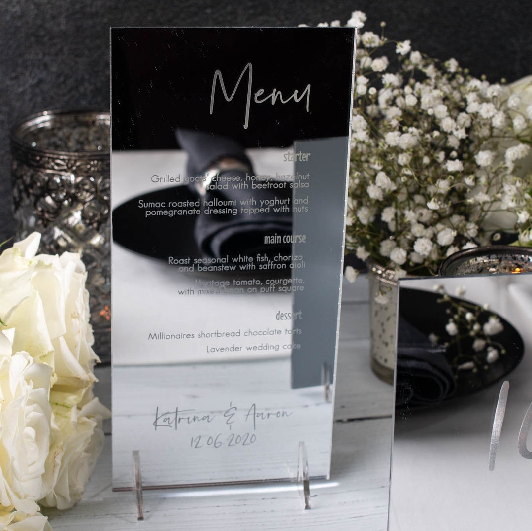 Engraved Mirror Menu, Luxury Wedding Décor, Silver, Gold, Rose Gold ...