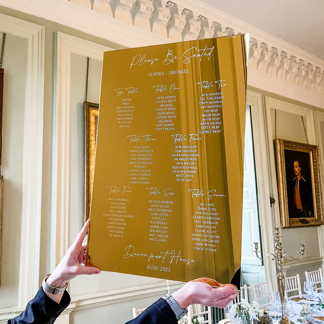 Gold Luxury Mirror Wedding Table Plan, Engraved Guest Seating Chart ...