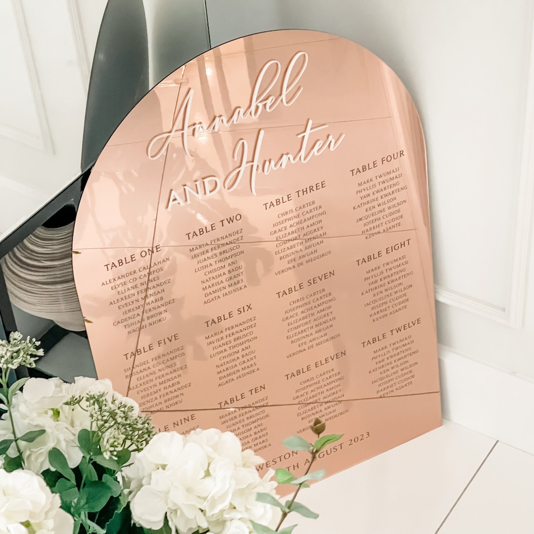 Dome Mirror Table Plan, White 3D Bride & Groom's Names, Wedding Seating ...