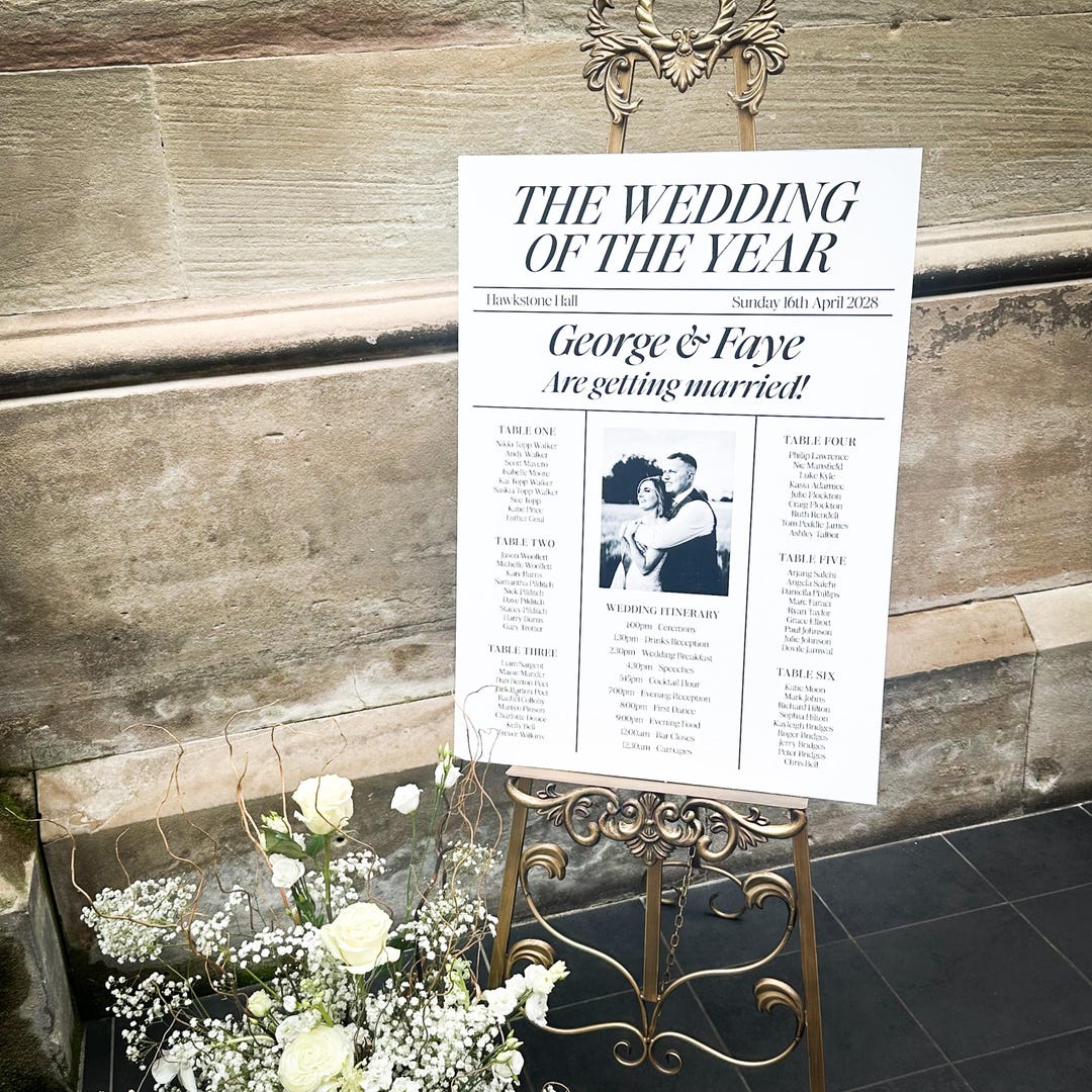 Wedding of the Year Newspaper-style Table Plan & Photo Sign, Black ...