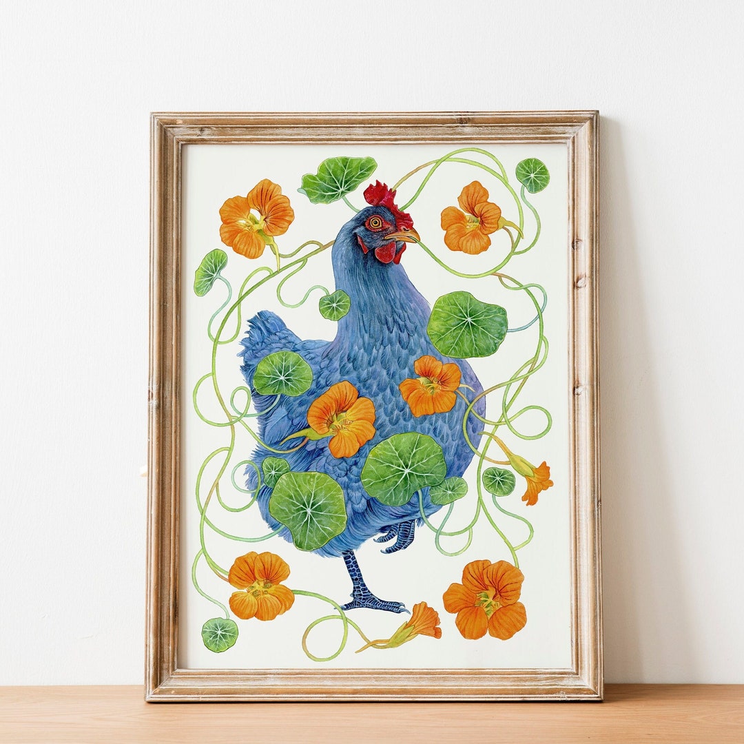Art Print - Blue Chicken Watercolor Painting - Nasturtiums Art ...