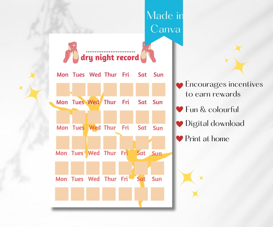 A4 Girls Dry Night Chart, Dry Night Tracker for Girls, Ballet Reward ...