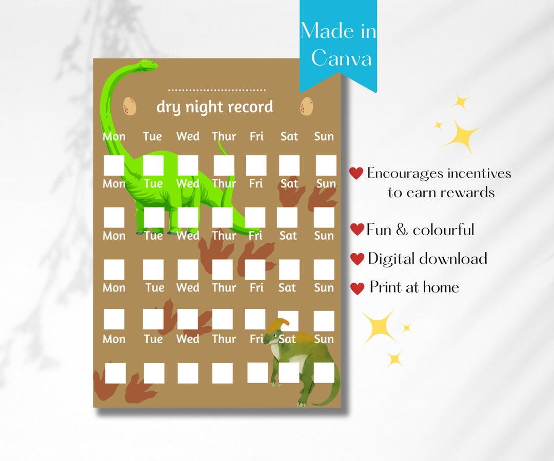 Boys Dinosaur Dry Night Chart, Reward Chart for Toddlers, Reward Chart ...