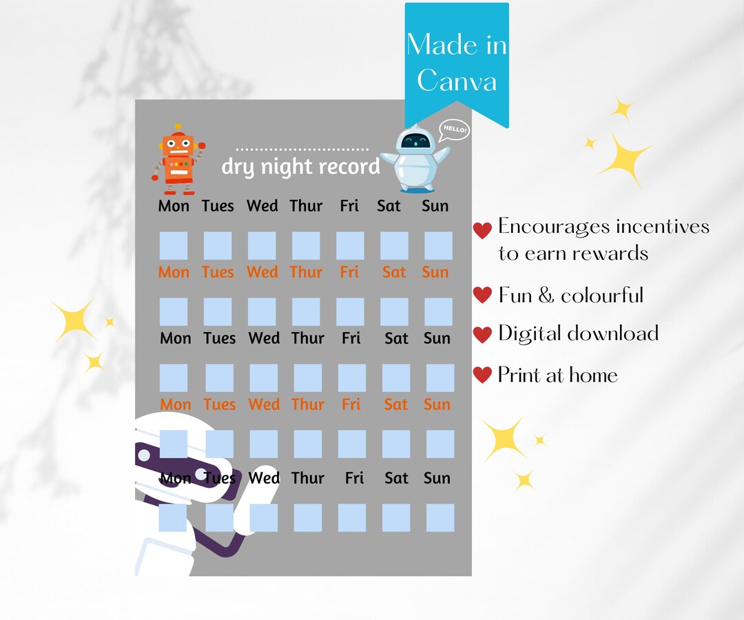 A4 Digital Dry Night Reward Chart for Girls, Reward Chart for Toddlers ...