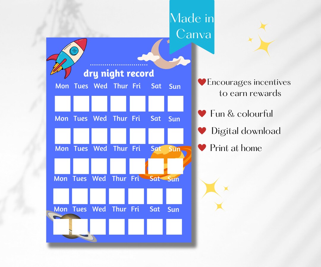 A4 Boys Dry Night Chart Dry Night Tracker Boys Rocket and - Etsy