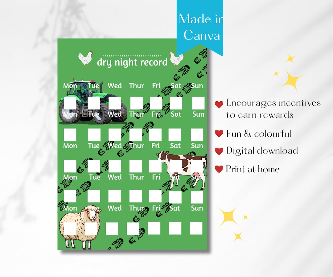 A4 Boys Dry Night Chart, Dry Night Tracker Boys, Farming Reward Chart ...